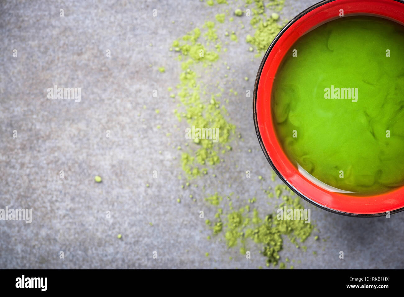 Making Matcha green tea in bowl. Border background, copy space,top view ...