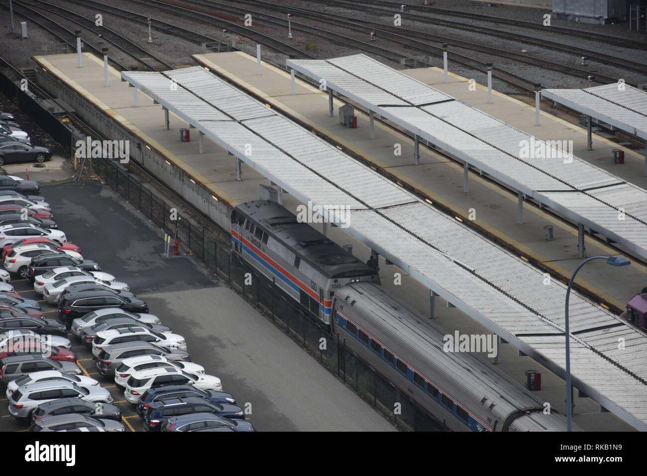 Amtrak and MBTA trains at the terminals of Boston's North Station as ...
