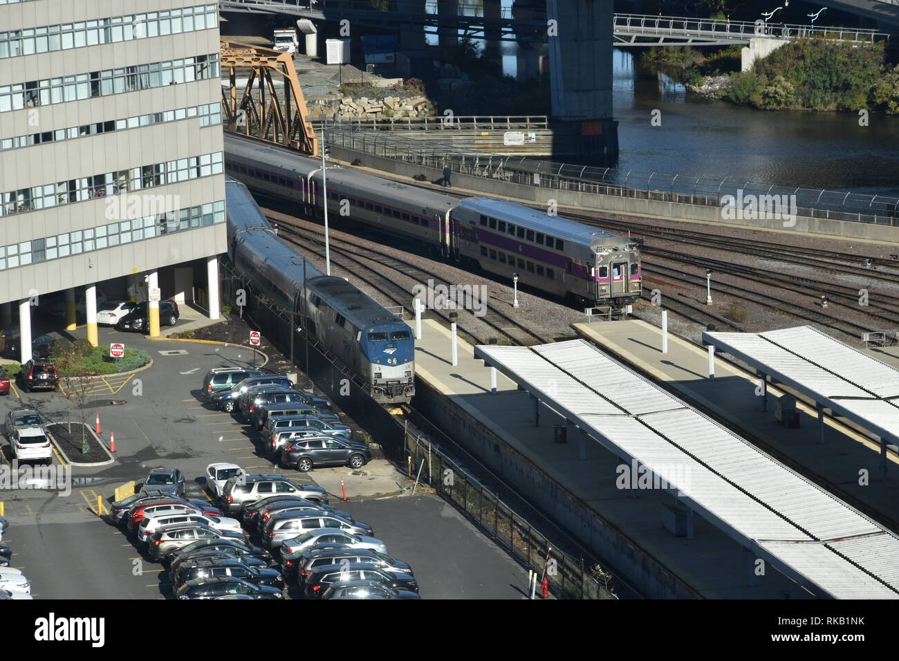 Amtrak and MBTA trains at the terminals of Boston's North Station as ...