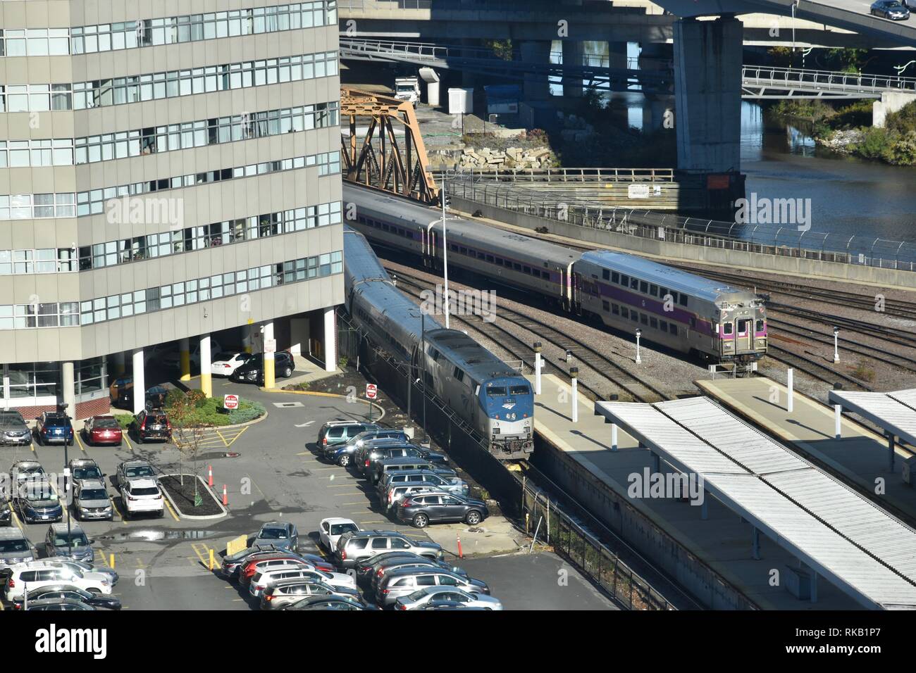 Amtrak and MBTA trains at the terminals of Boston's North Station as ...
