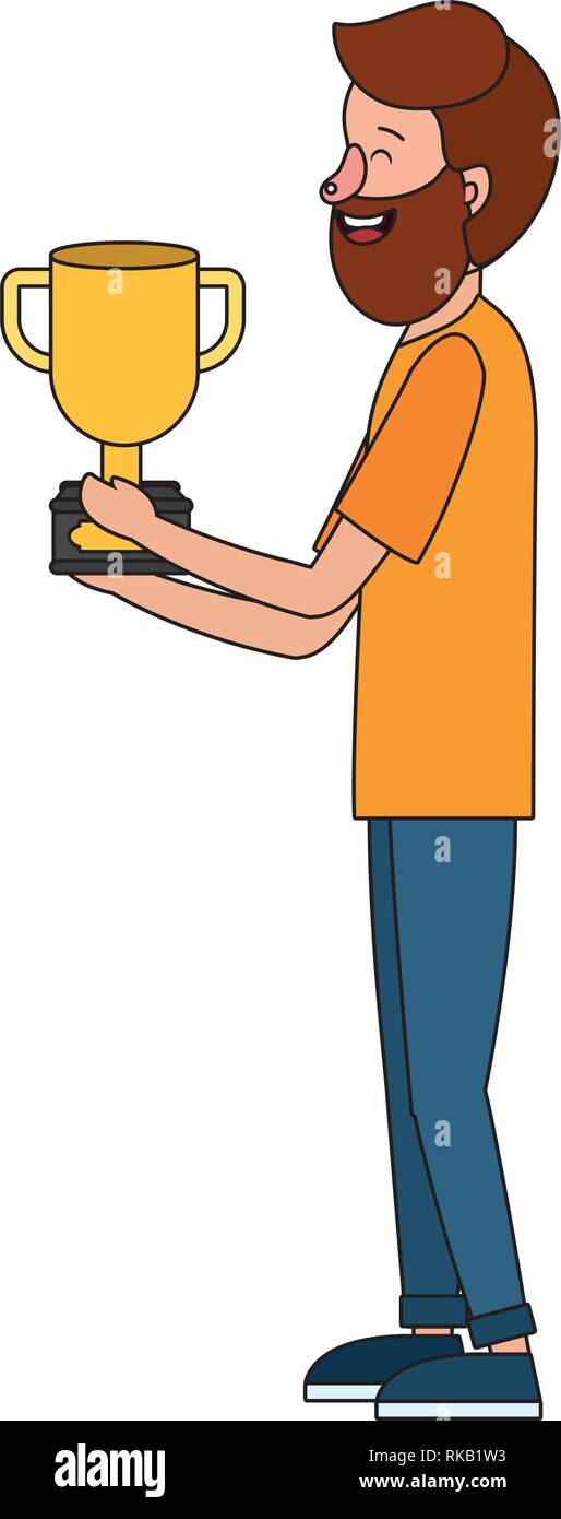 young man holding trophy cartoon vector illustration graphic design ...