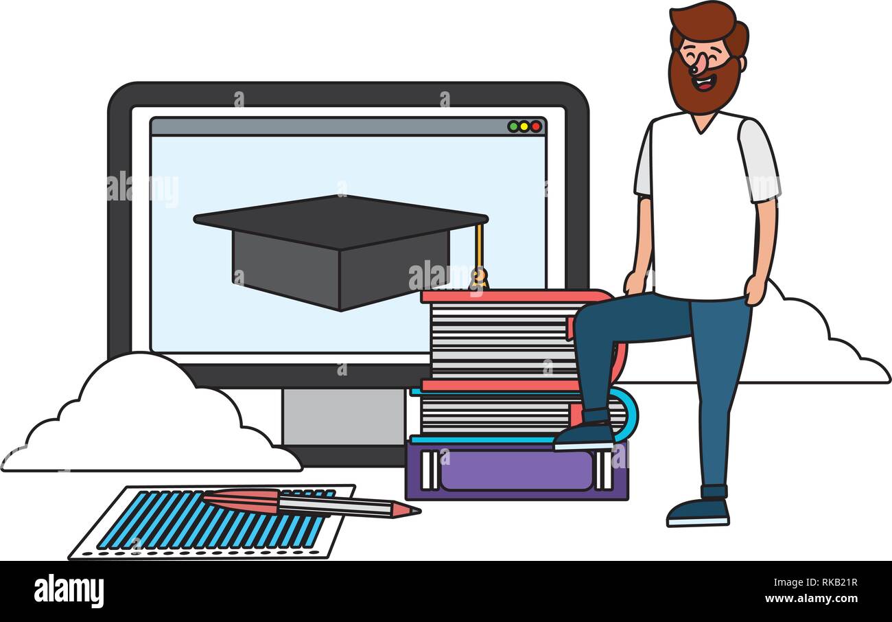 online education man with computer cartoon vector illustration graphic ...