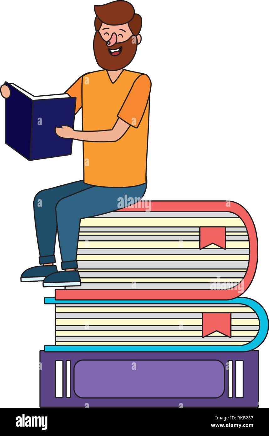 education man reading book over books cartoon vector illustration ...