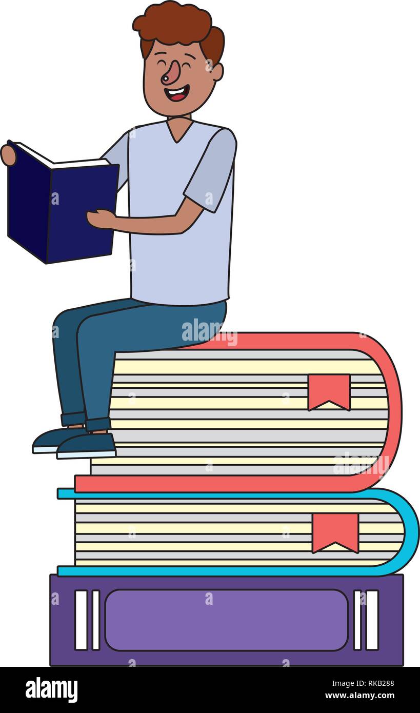 education man reading book over books cartoon vector illustration ...