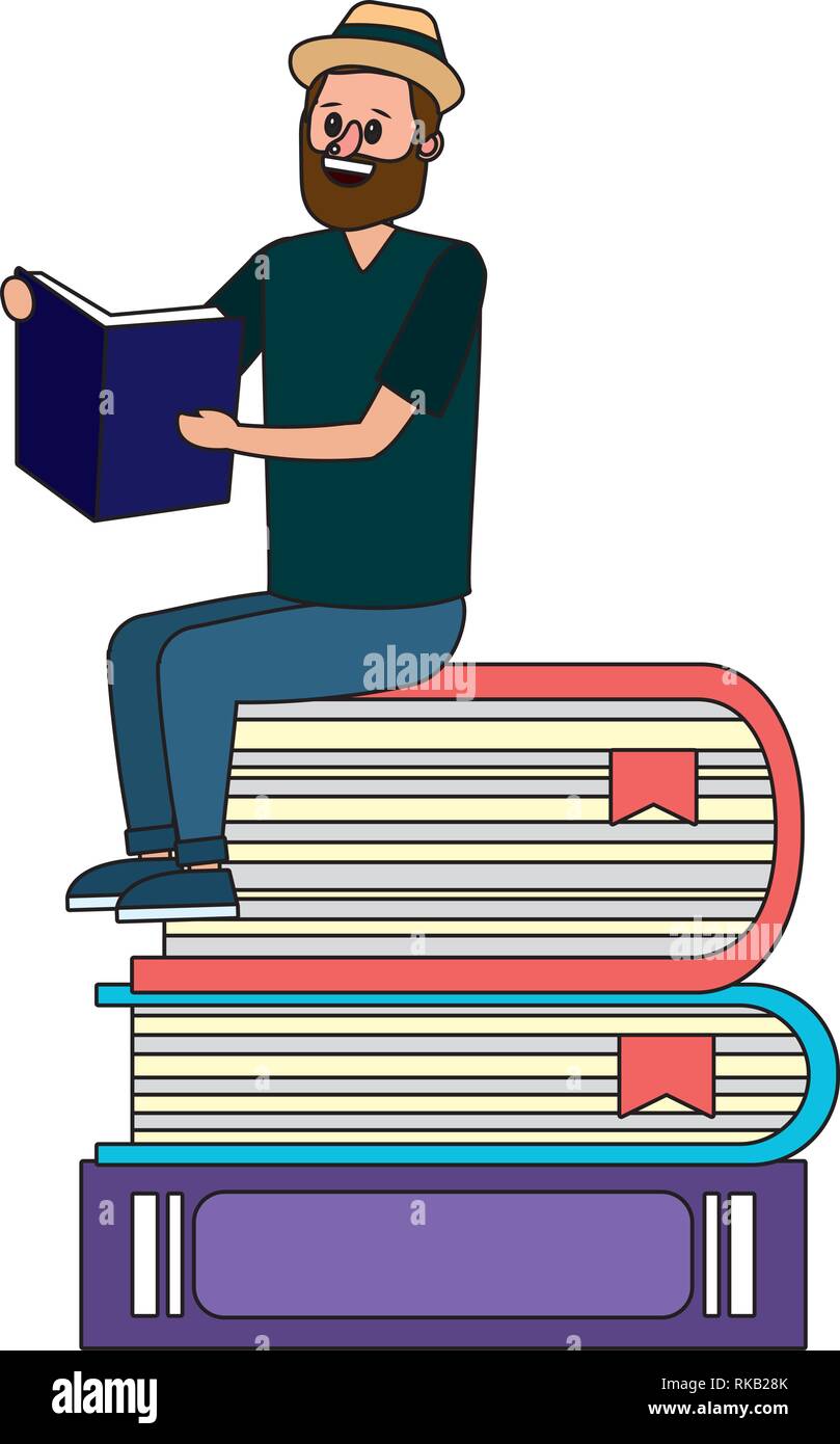 education man reading book over books cartoon vector illustration ...