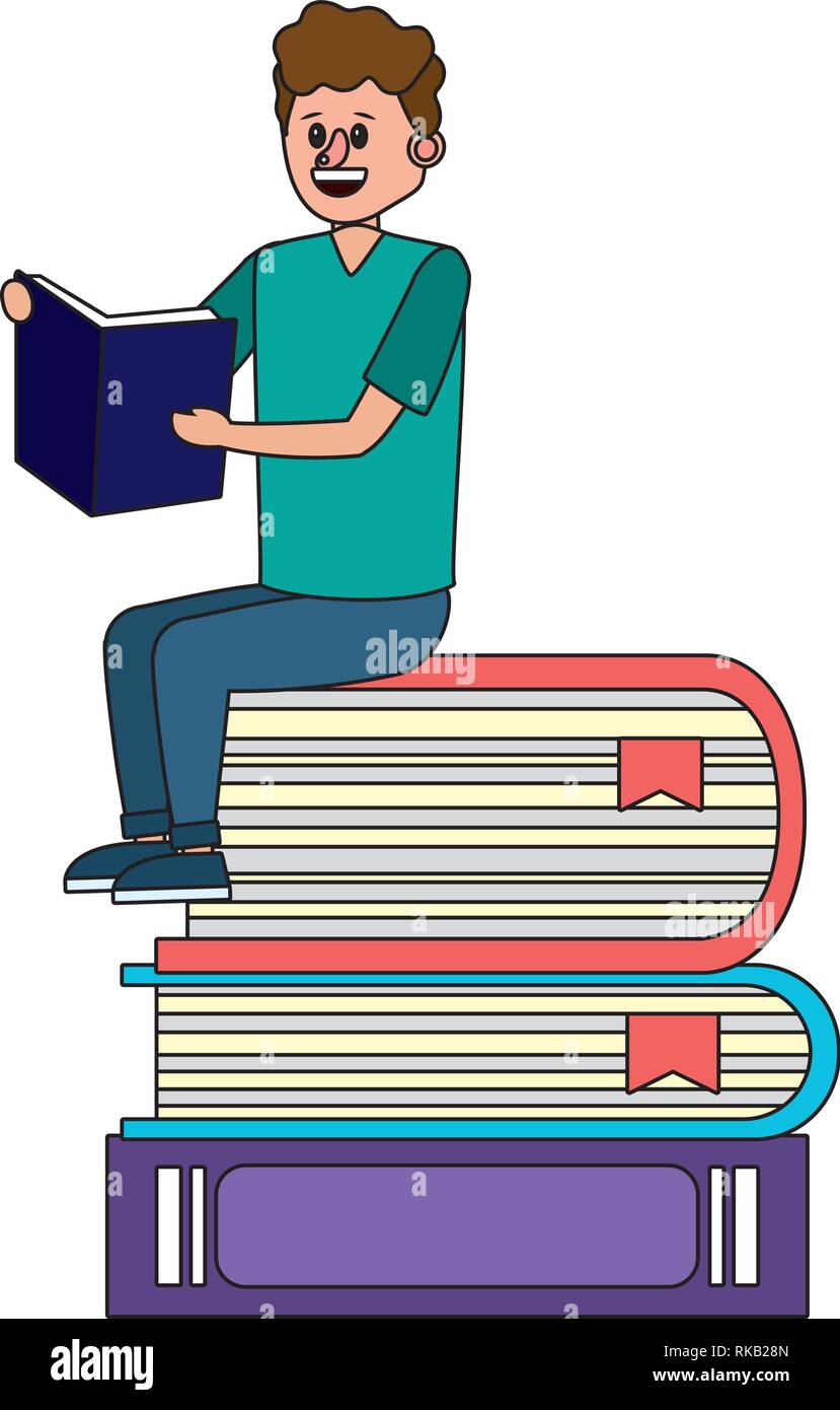 education man reading book over books cartoon vector illustration ...