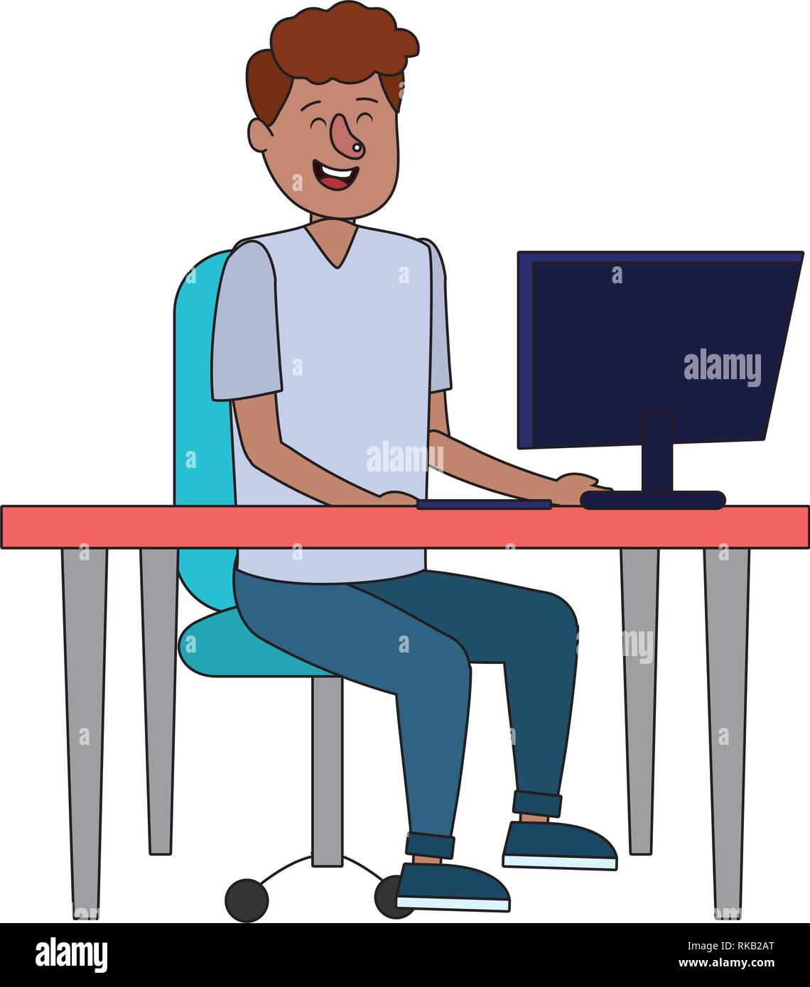 man using technology device computer over desk vector illustration ...