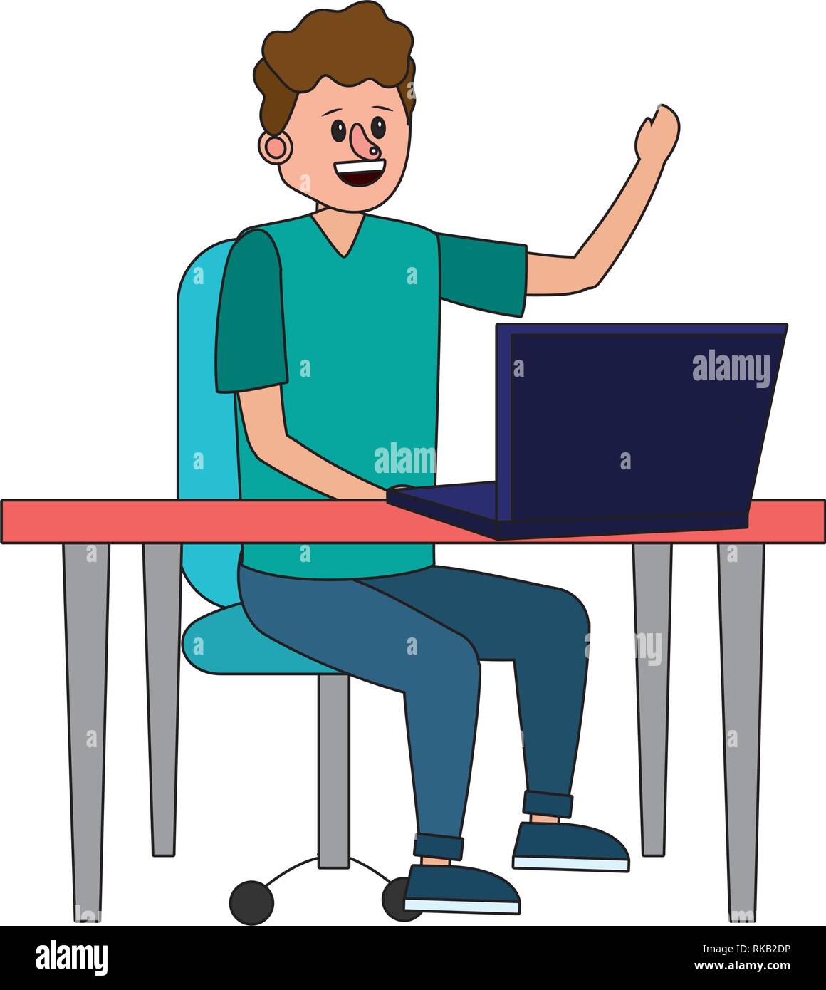 man using technology device laptop over desk vector illustration ...