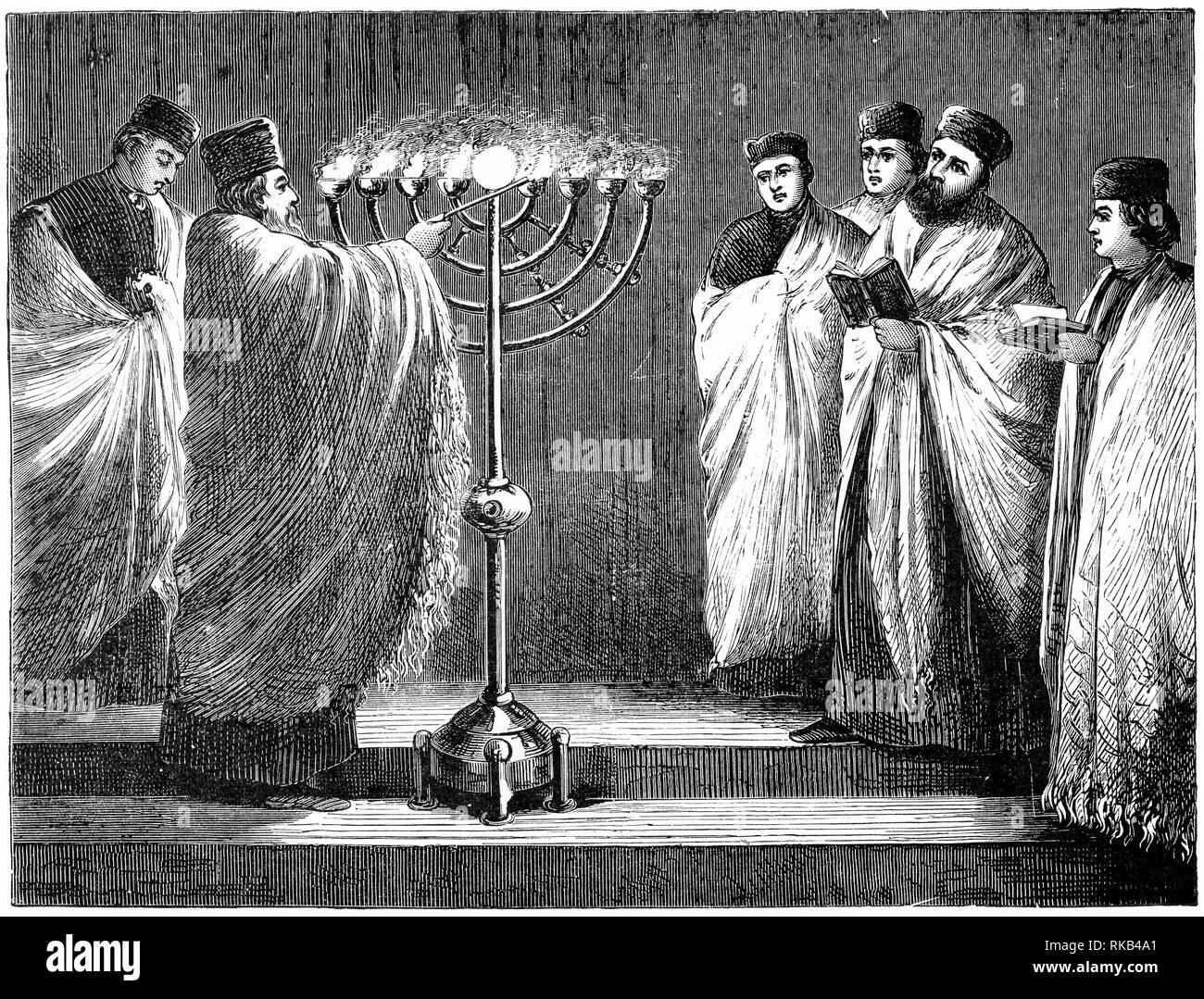 Engraving of Jewish men worshipping God in a synagogue Stock Photo - Alamy