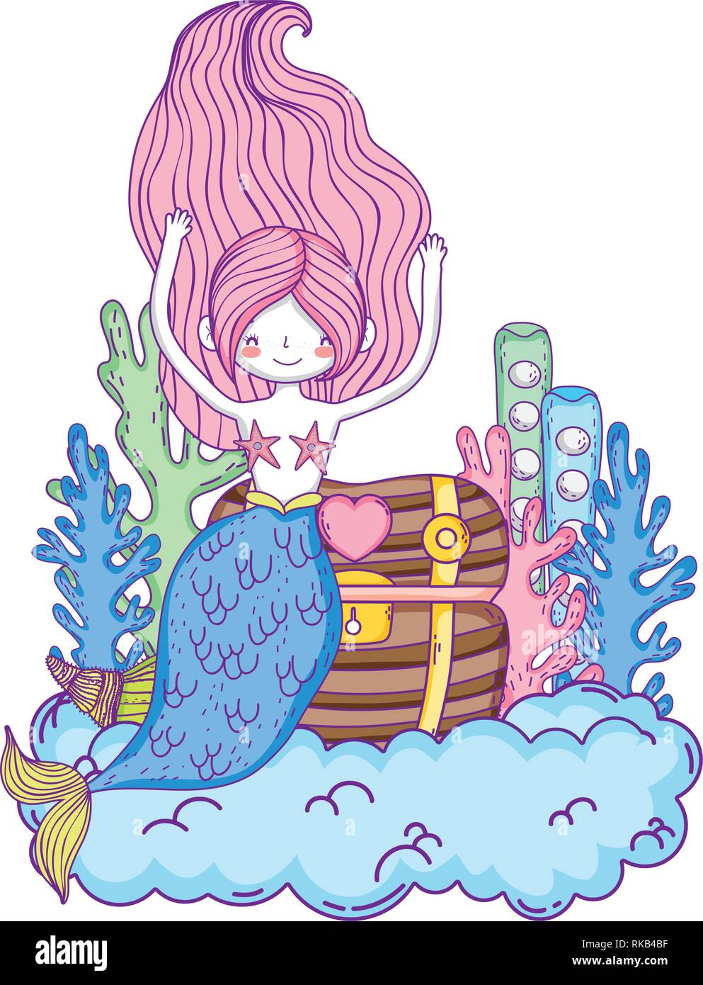 beautiful mermaid with treasure chest in clouds vector illustration ...