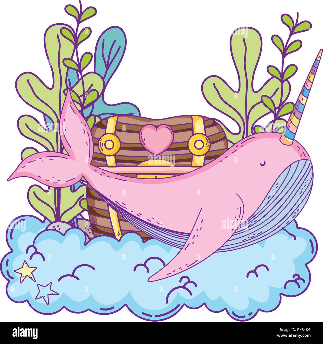 cute narval with treasure chest vector illustration design Stock Vector ...