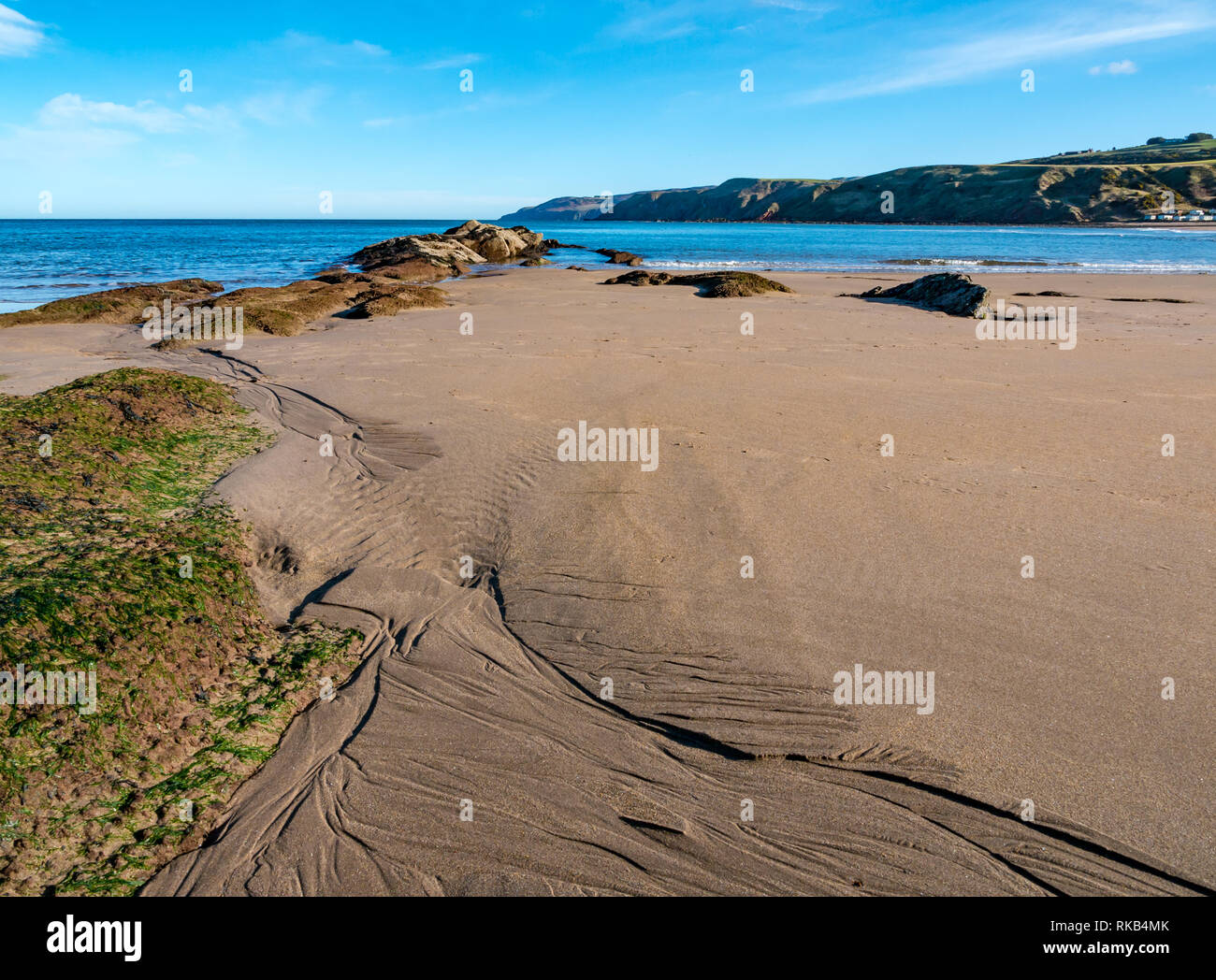 Sandy deserted beach, Pease Bay, Berwickshire, Scottish Borders ...