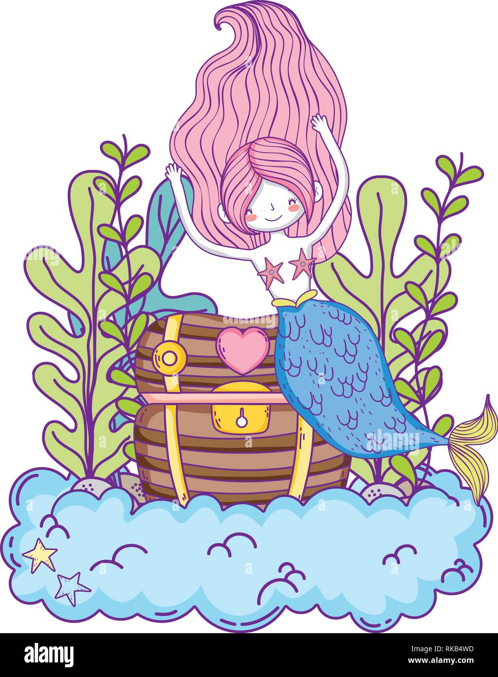 beautiful mermaid with treasure chest in clouds vector illustration ...