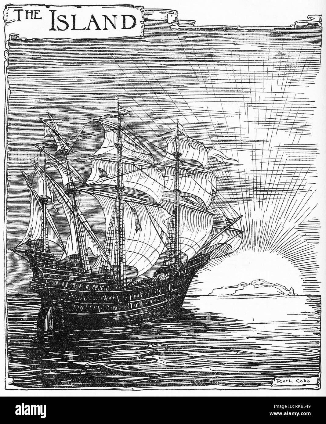 Engraving of a sailing ship heading to the setting sun. From Chatterbox ...