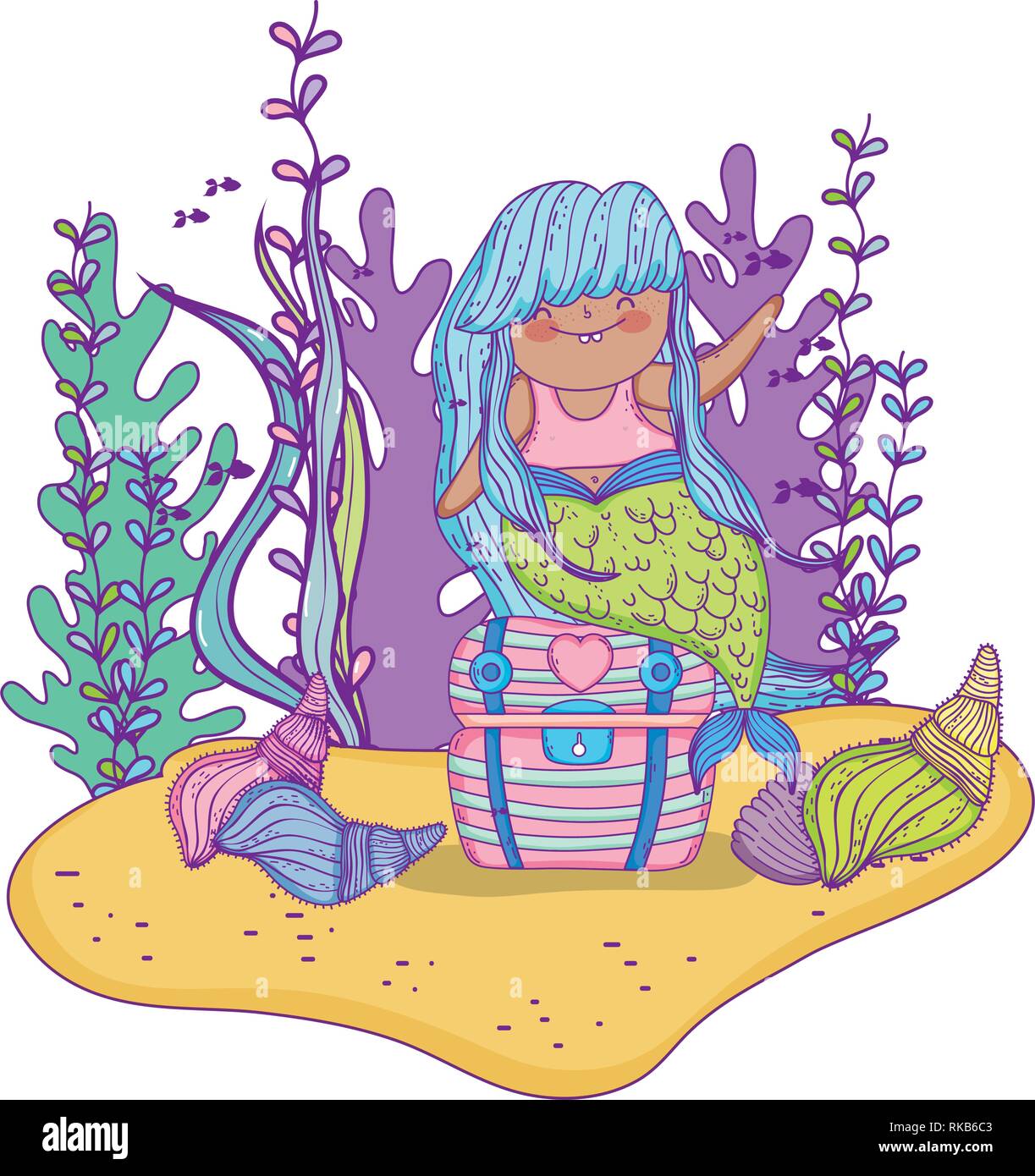 beautiful mermaid with treasure chest and seaweed vector illustration ...