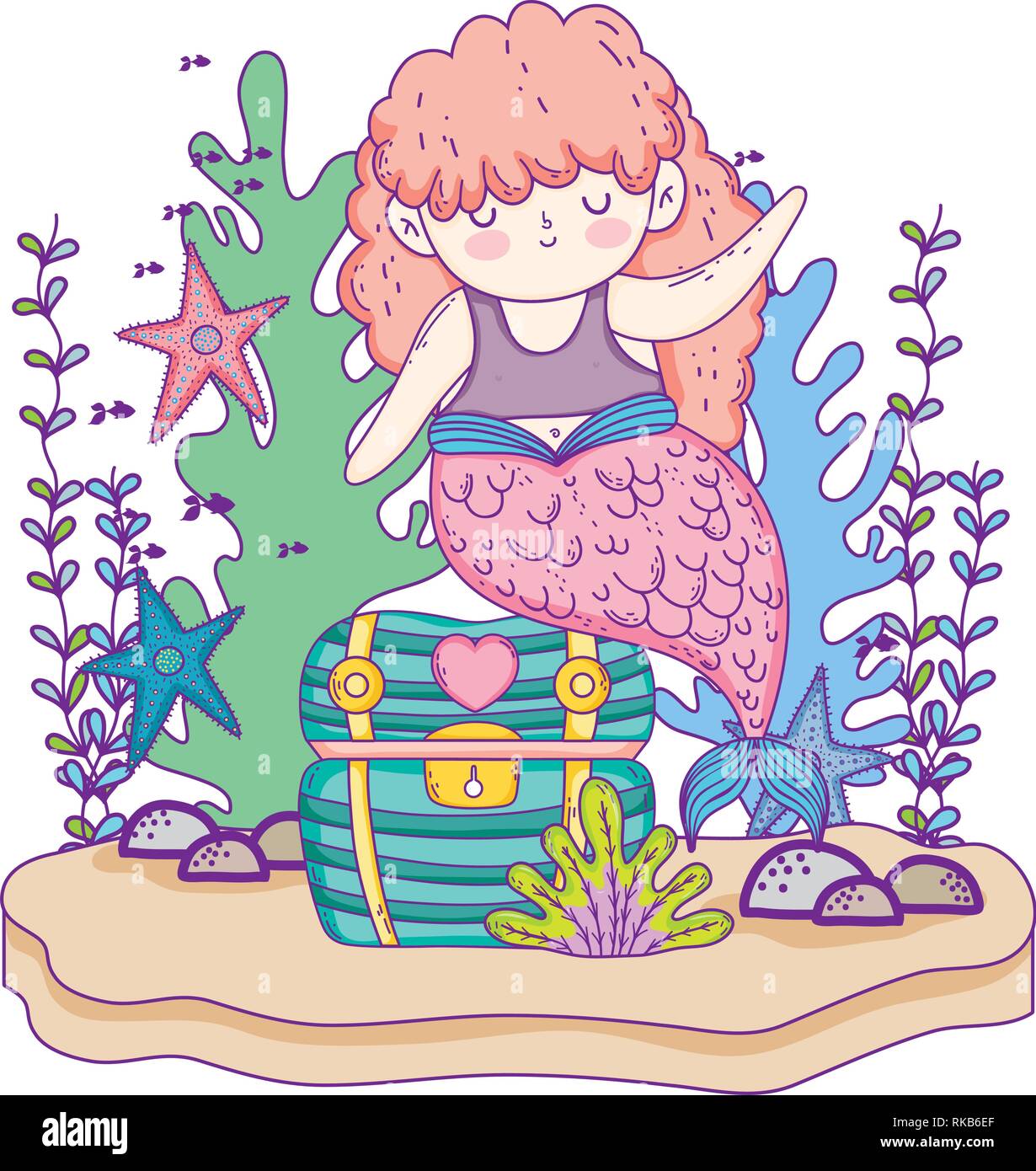 beautiful mermaid with treasure chest and seaweed vector illustration ...