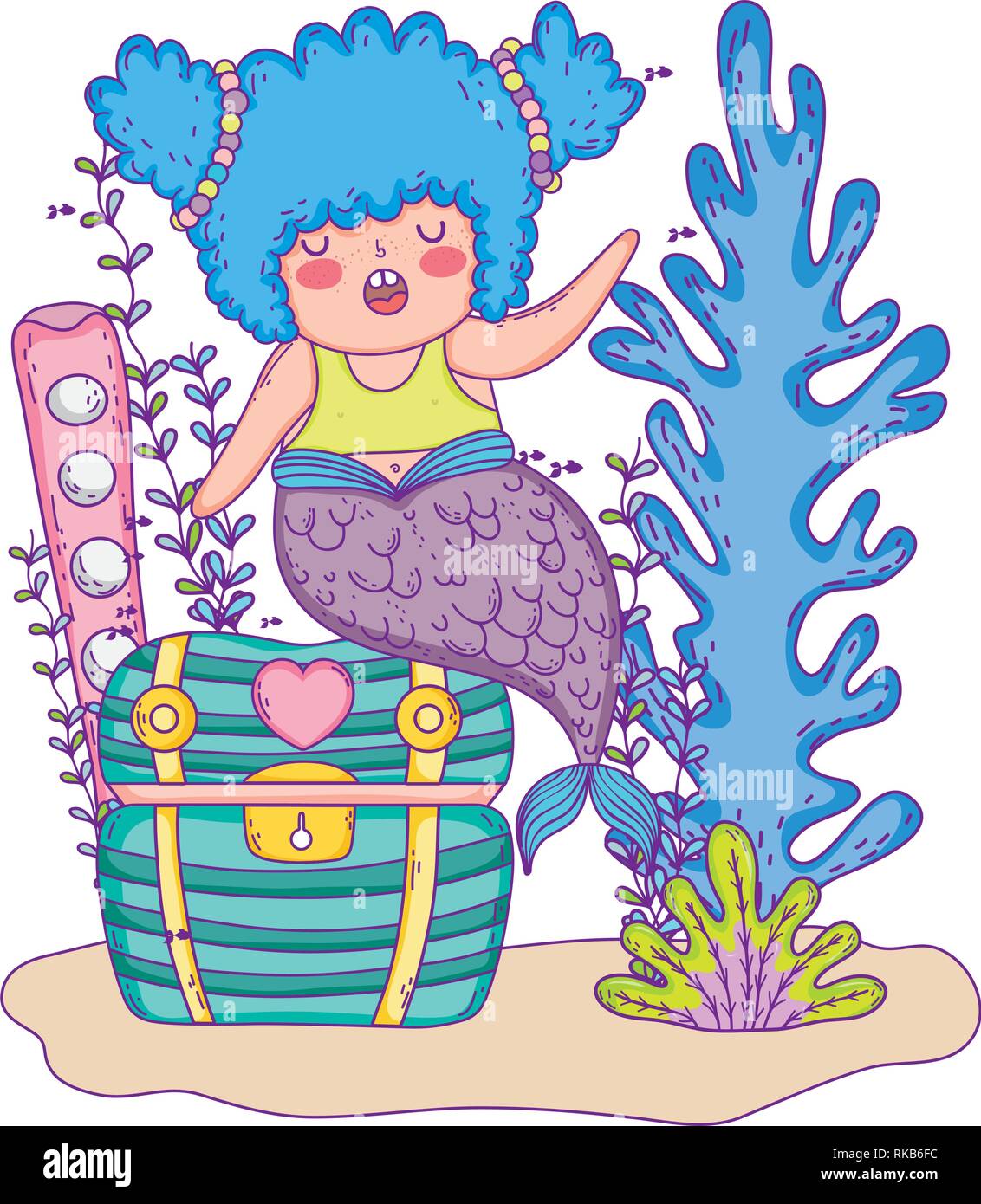 beautiful mermaid with treasure chest and seaweed vector illustration ...