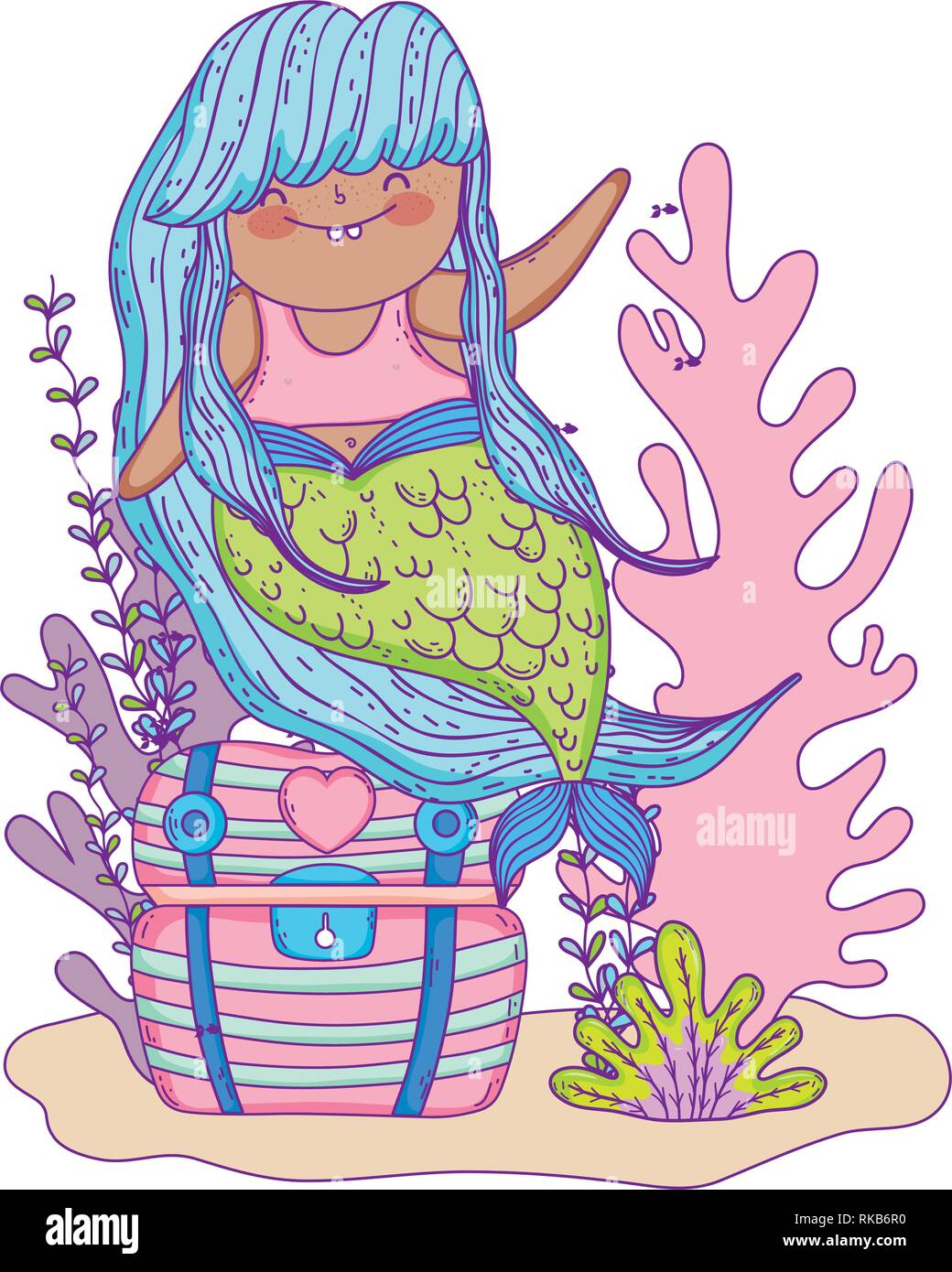 beautiful mermaid with treasure chest and seaweed vector illustration ...