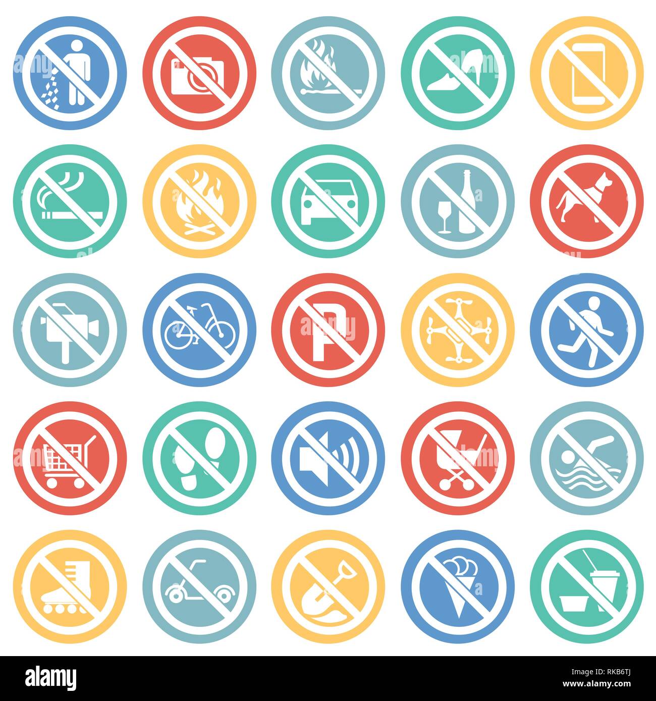 Prohibition signs set on color circles white background for graphic and ...
