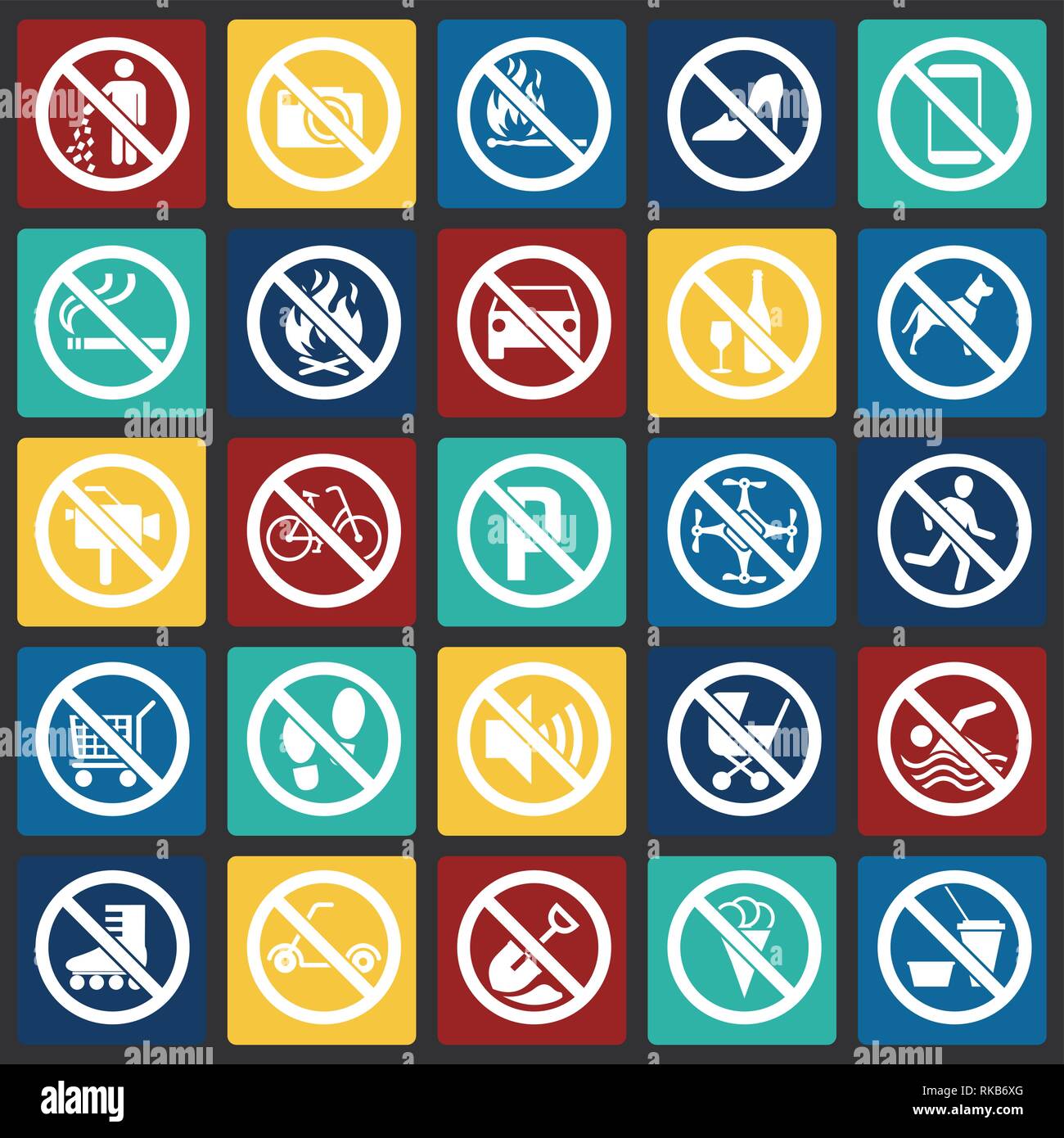 Prohibition signs set on color squares background for graphic and web ...