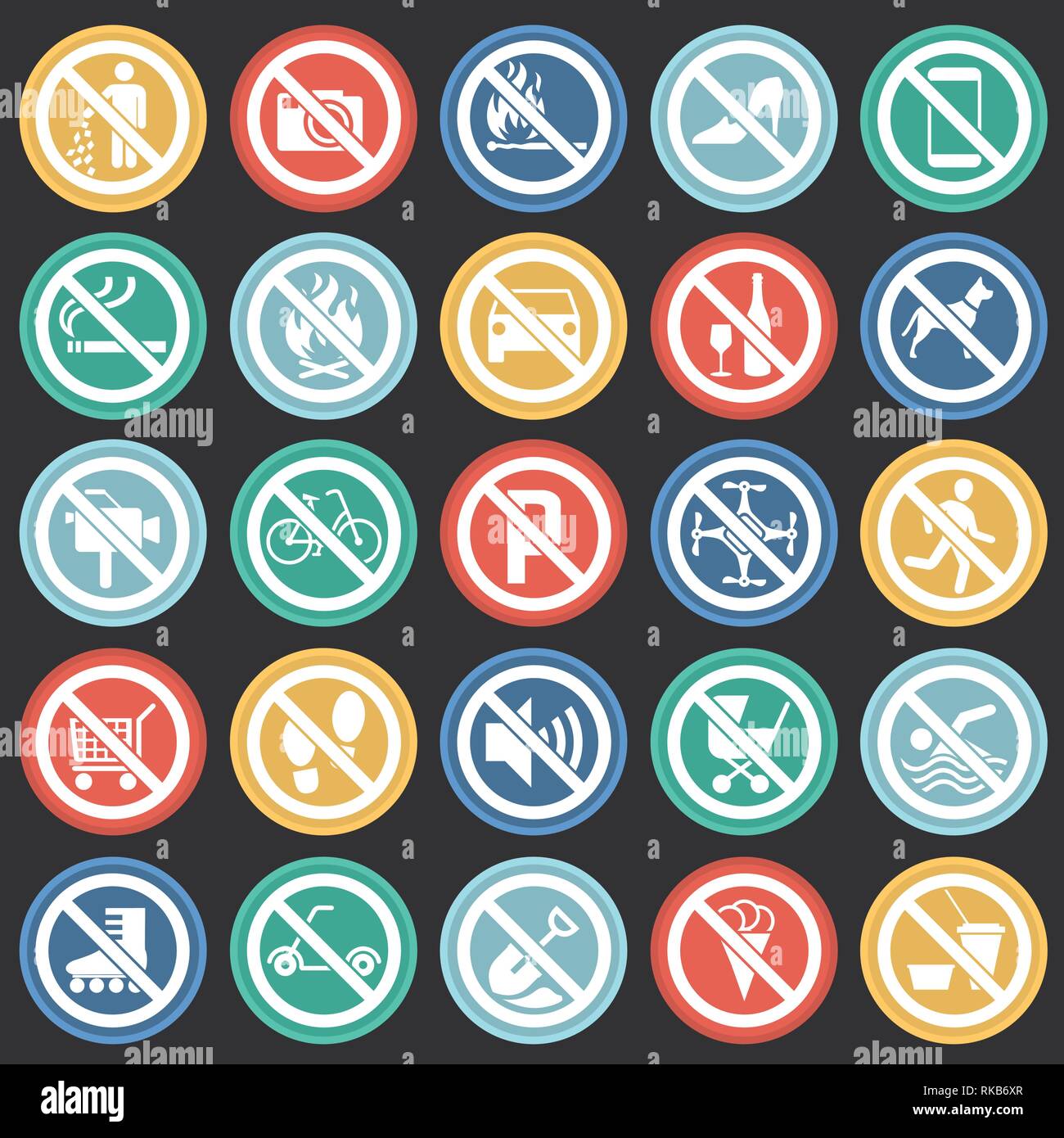 Prohibition signs set on color circles black background for graphic and ...