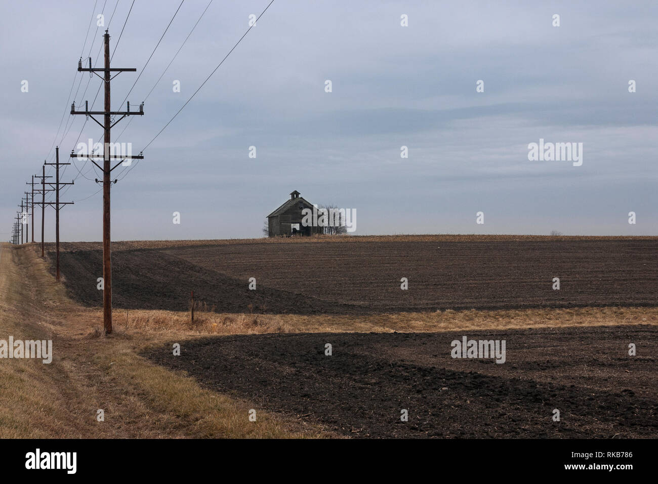 On a cold cloudy day in autumn, telephone poles lead the way to a ...