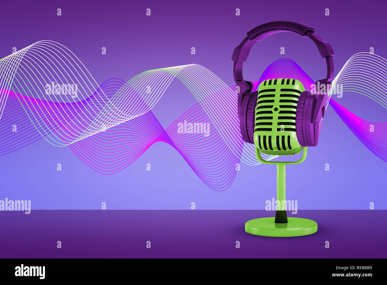 3d rendering of green retro microphone stands with a modern headset ...