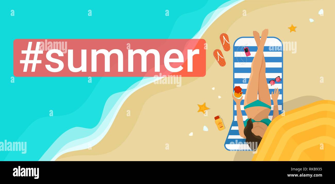 Hashtag summer concept flat vector illustration of woman sunbathing on ...