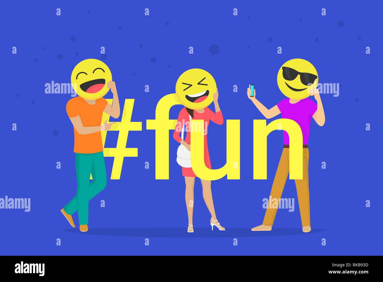 Hashtag fun concept flat vector illustration of emoji smiling heads ...