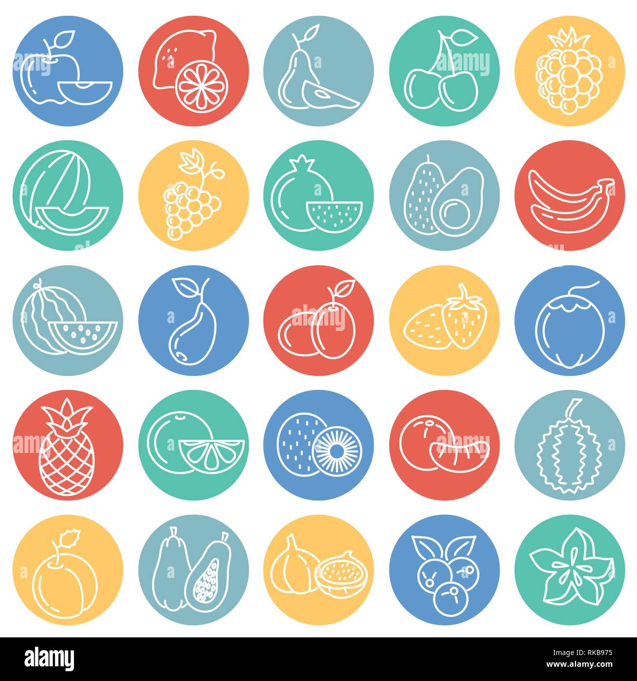 Fruit icons set on color circles white background for graphic and web ...