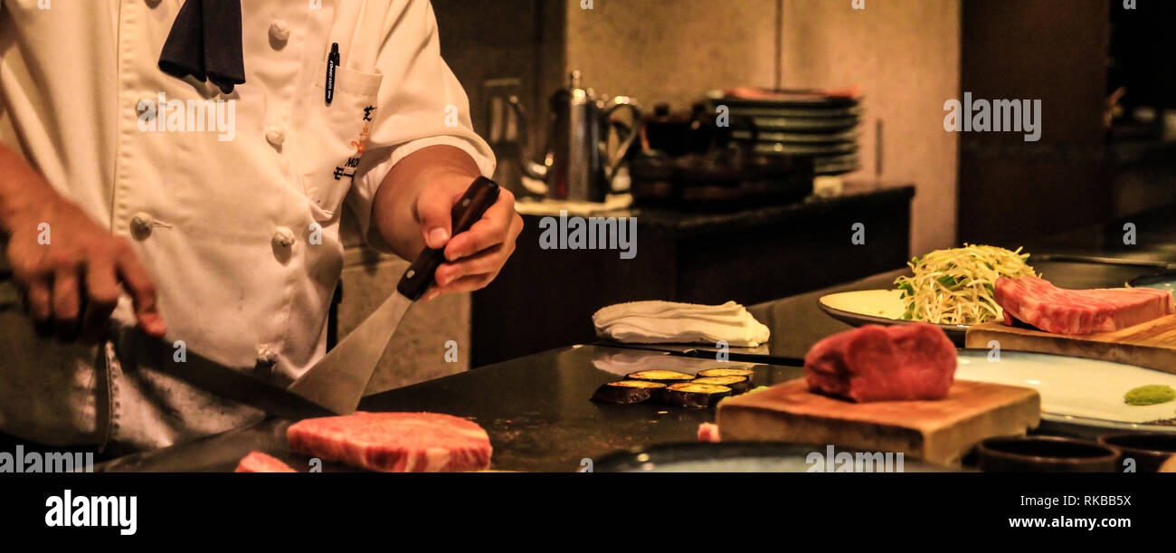 Live cooking of Kobe and Wagyu beet at an original Yakiniku restaurant ...