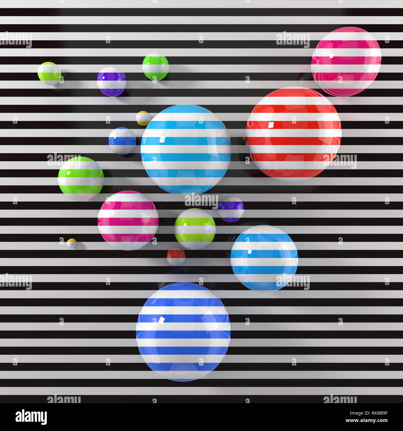 modern art concept with stripe painted balls on black stripe floor ...