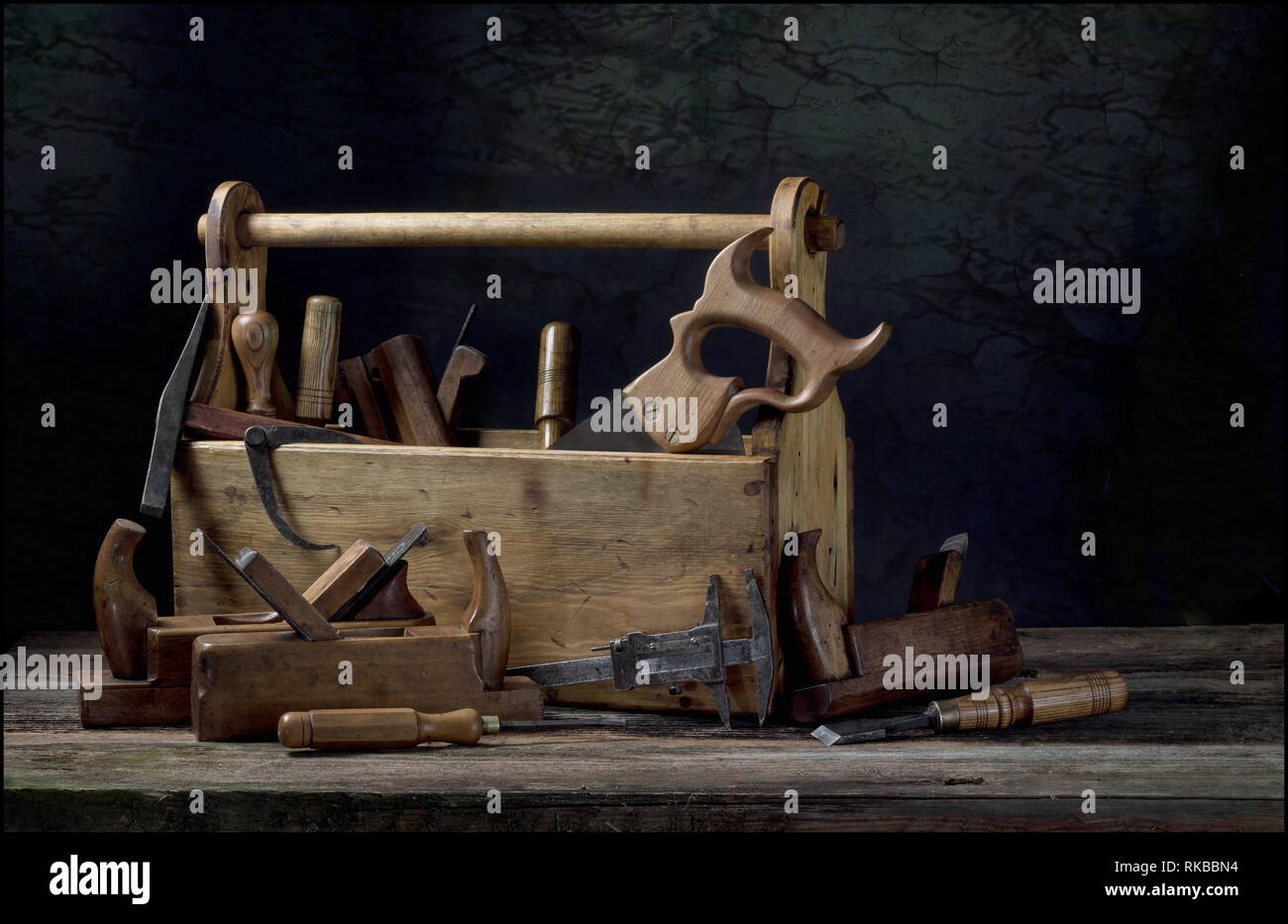 Still life - Old Wooden Tool Box Full of Tools Stock Photo - Alamy