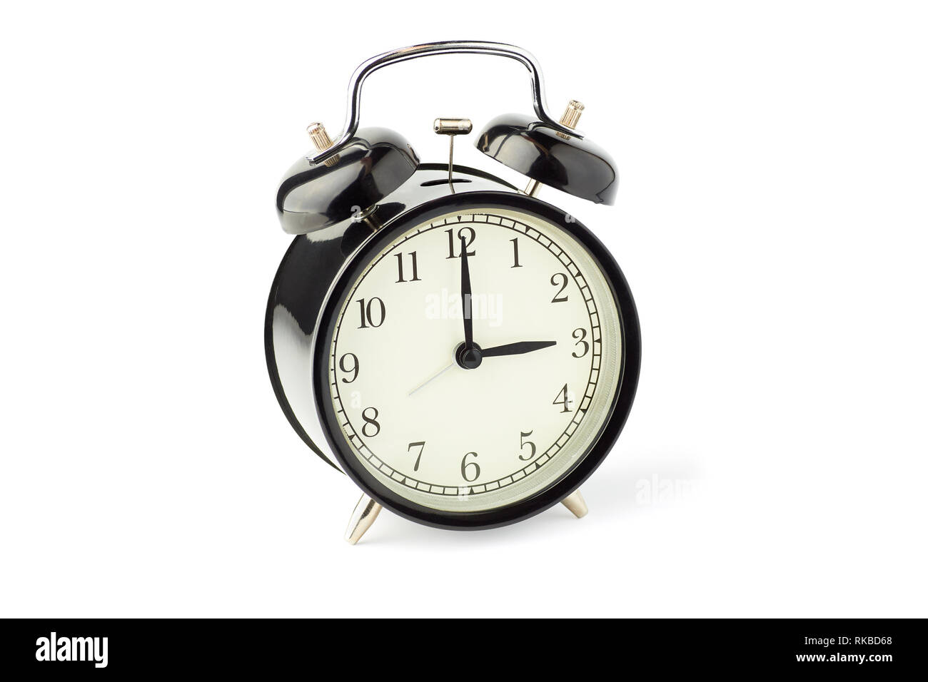 Black alarm clock with two bells on white background Stock Photo - Alamy