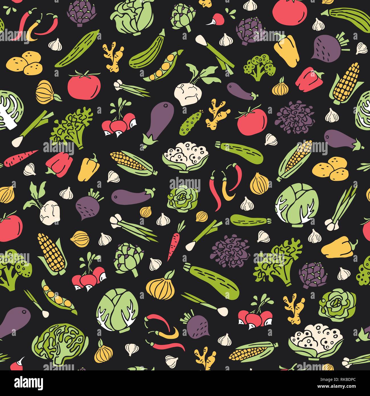Hand drawn vegetables vector seamless pattern in flat style. Unique ...