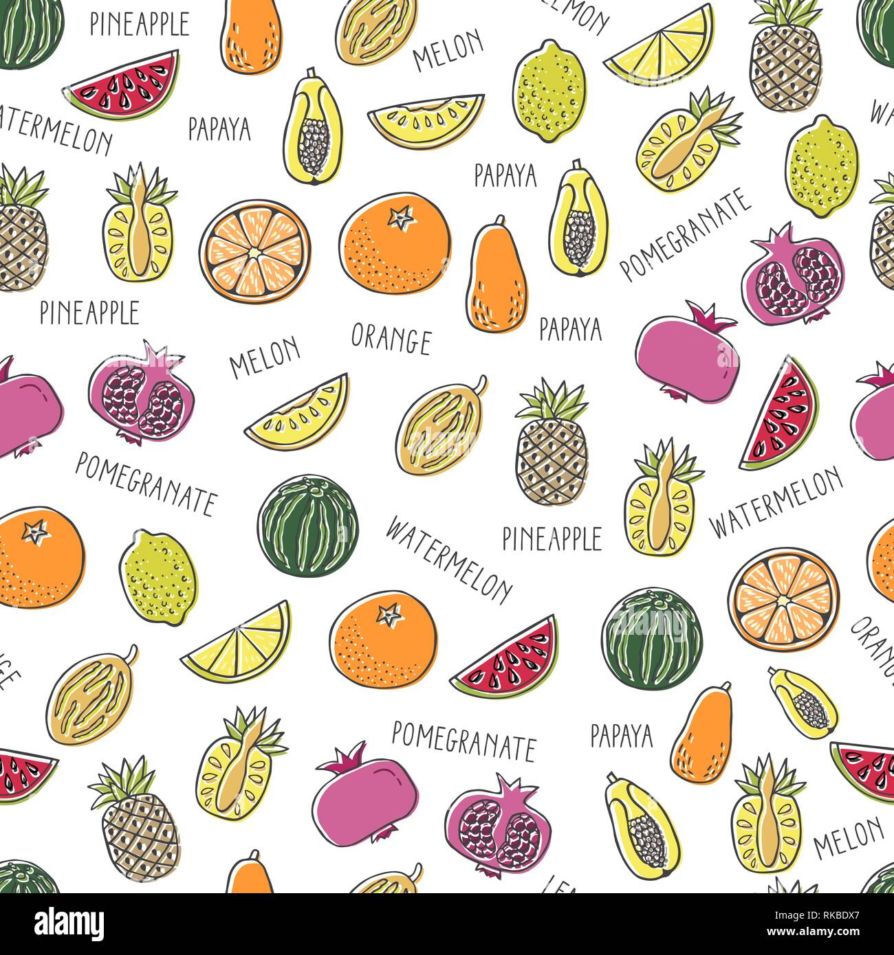 Seamless pattern with hand drawn exotic fruit on white background ...