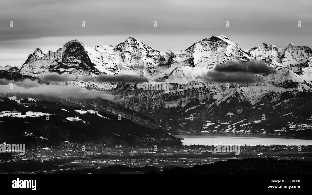 swiss alps in black and white near thun Stock Photo - Alamy