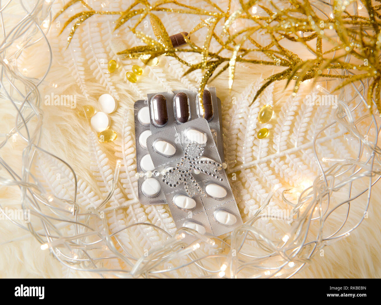 Top view of different pills vitamins as a Christmas gift idea concept ...
