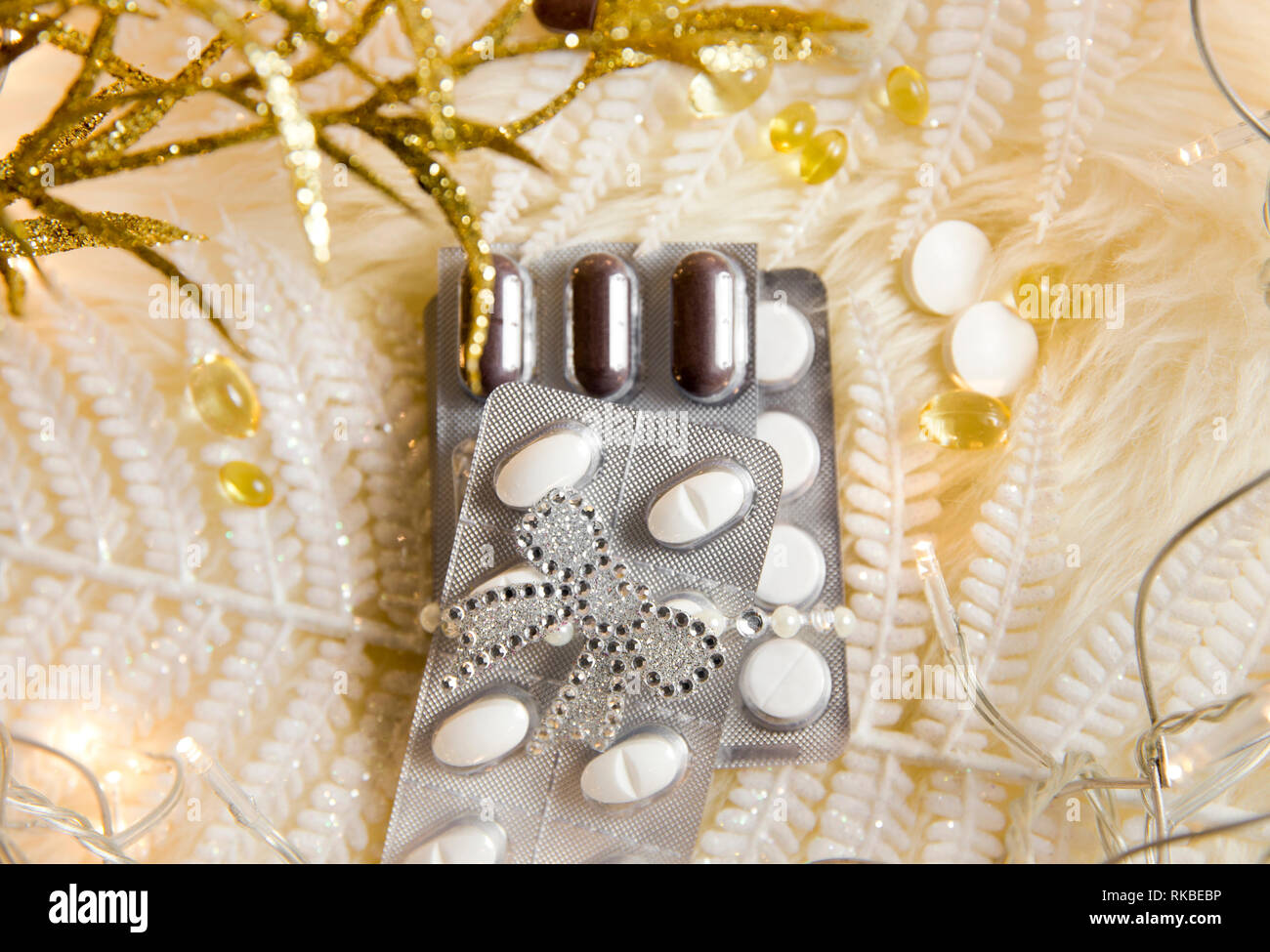 Top view of different pills vitamins as a Christmas gift idea concept ...