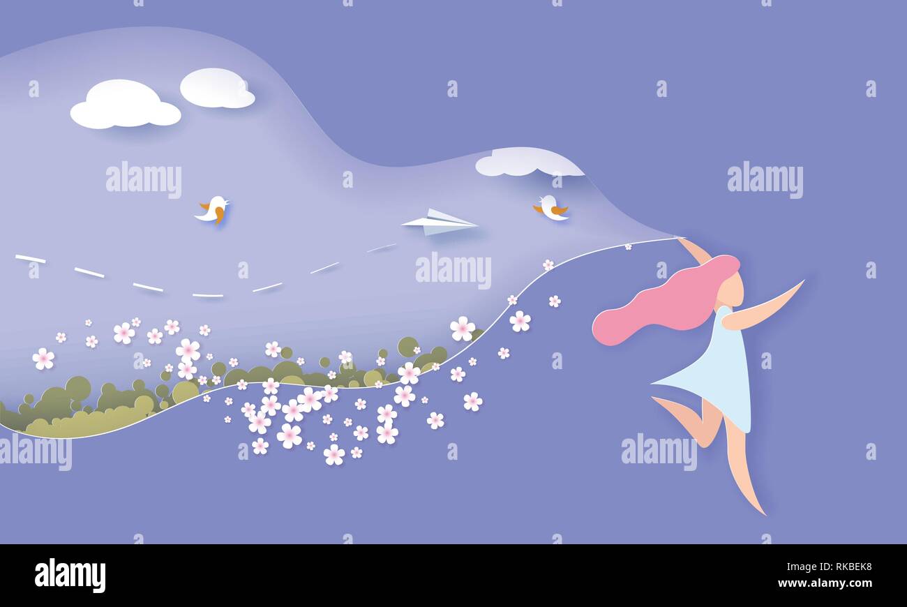 Happy Women Day holiday illustration. Paper cut girl running cutout ...