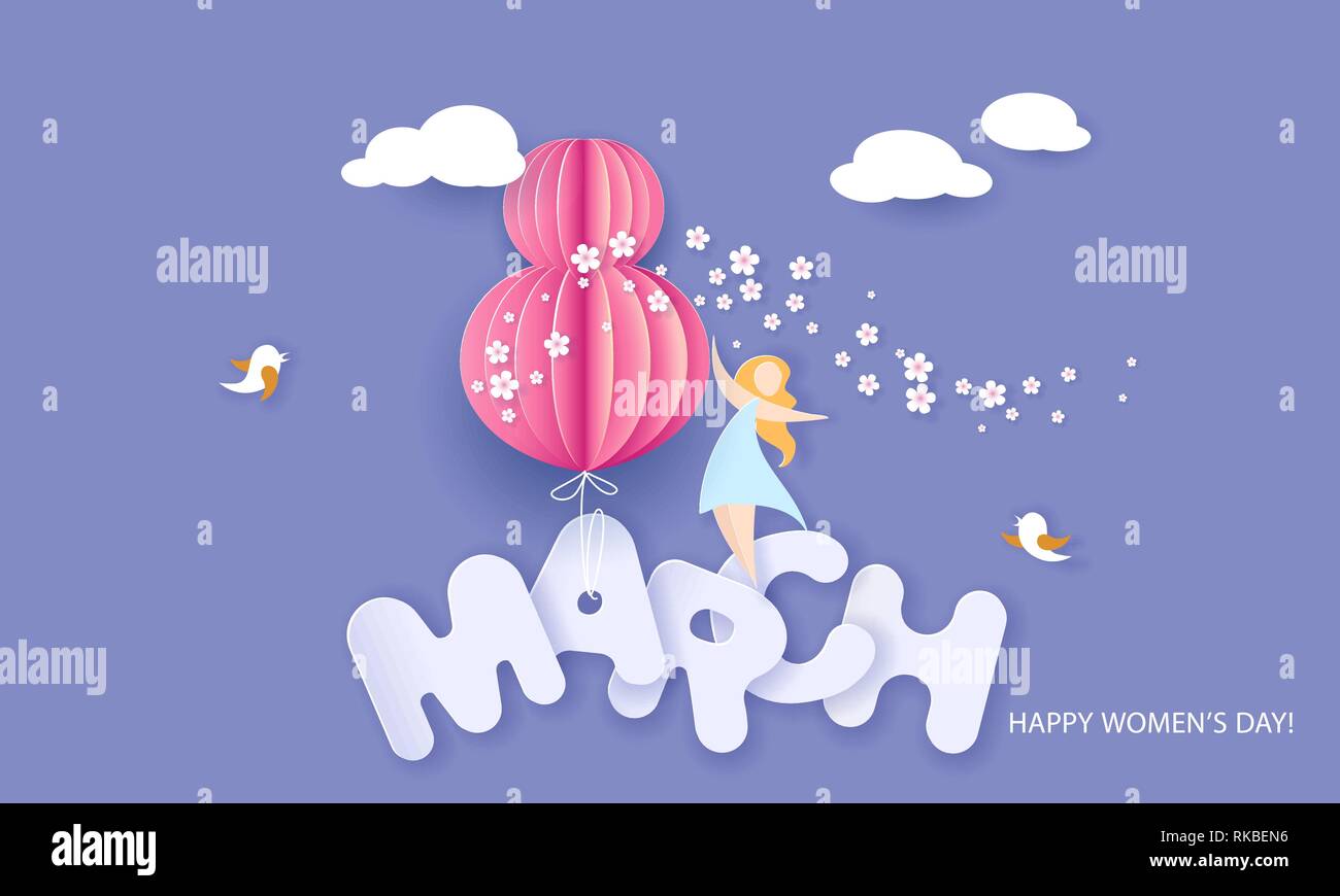 Happy 8 March womens day card. Woman with air balloon shaped as big ...