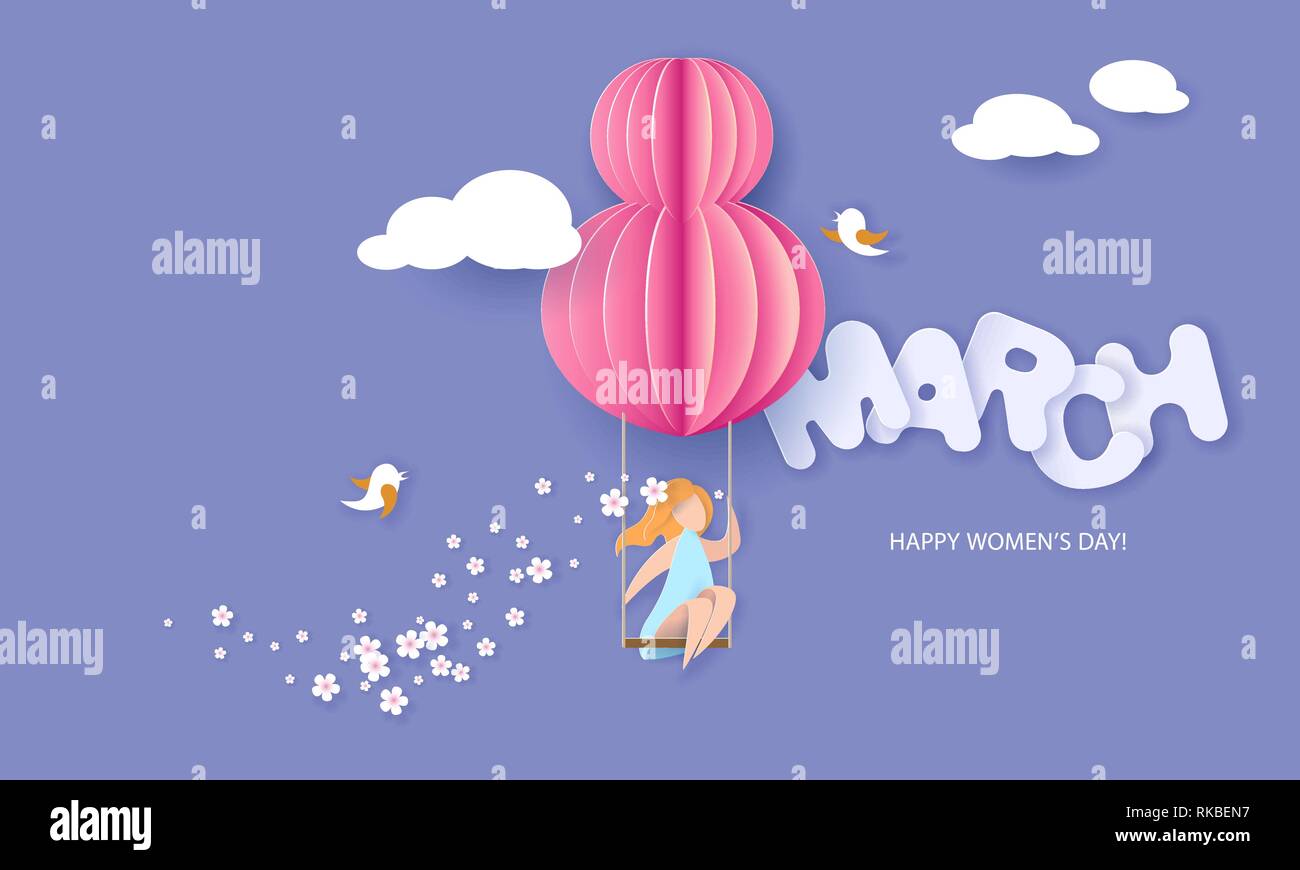 Happy 8 March womens day card with woman on swing with air balloon ...