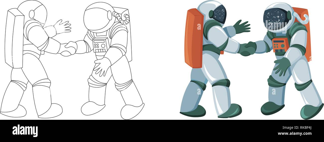 Cartoon astronauts meeting and handshake in space isolated on white ...