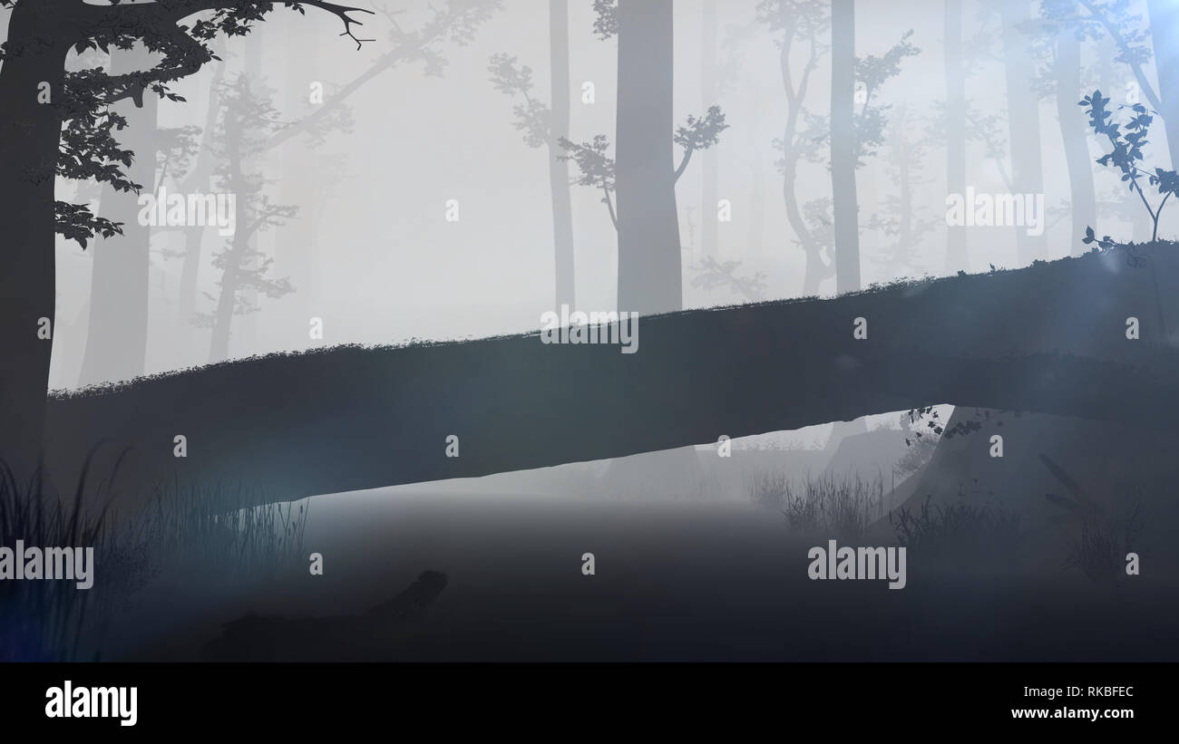 fallen tree, natural bridge in magical forest, dark and foggy fantasy ...
