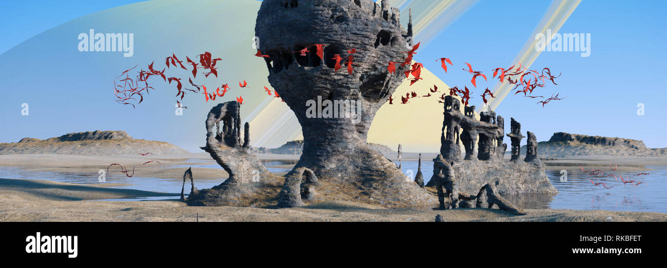 alien planet landscape, flying red creatures swarming around mysterious ...