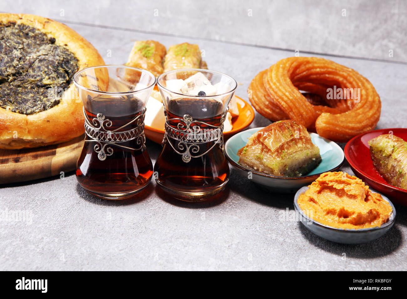 Middle eastern or arabic dishes and assorted meze, concrete rustic ...