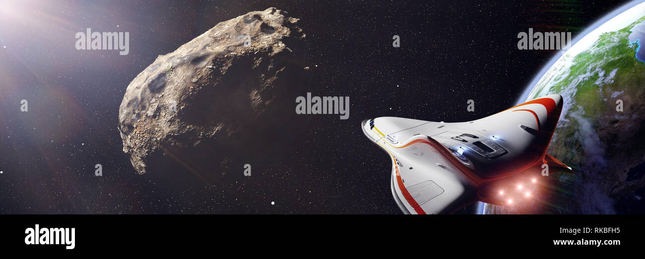 spaceship intercepting meteoroid in orbit of planet Earth, near Earth ...