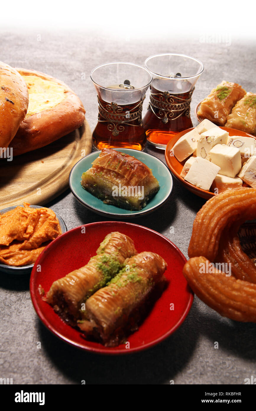 Middle eastern or arabic dishes and assorted meze, concrete rustic ...