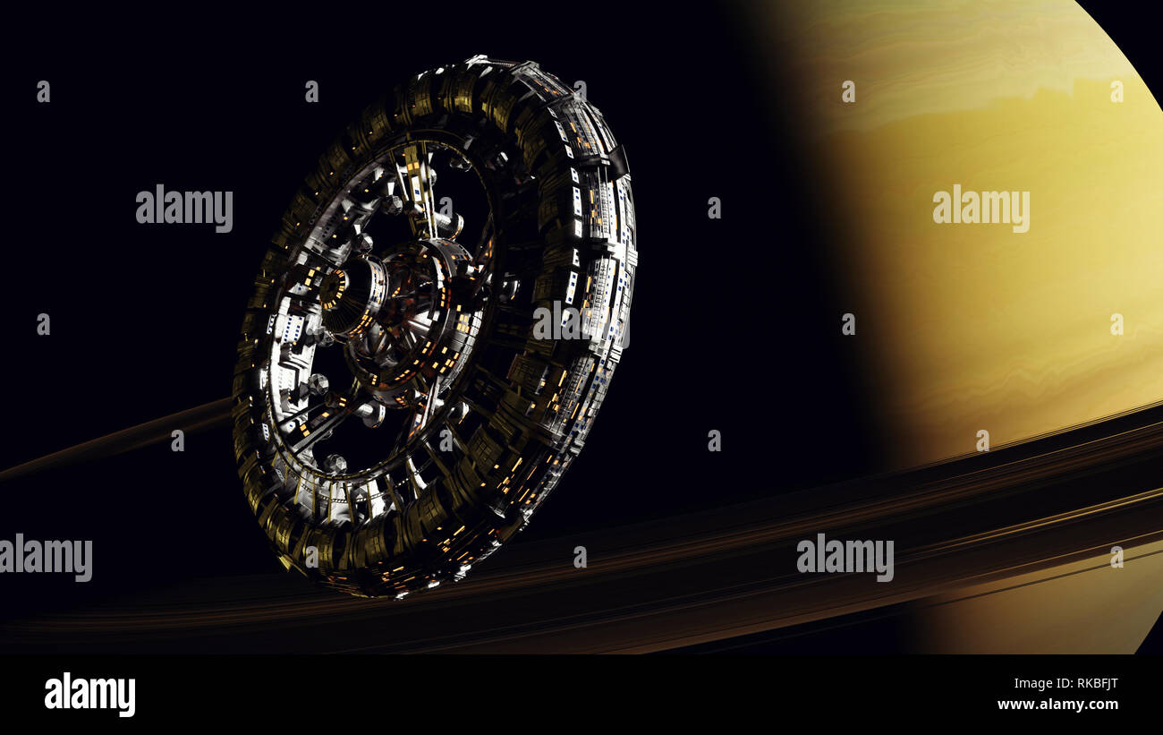 huge space station in orbit of planet Saturn, spaceship mission (3d ...