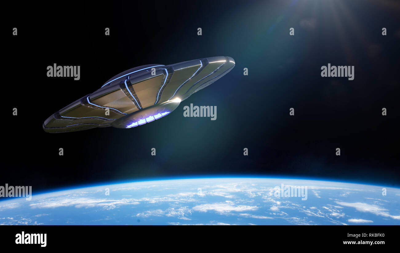 UFO, alien spaceship in orbit of planet Earth, extraterrestrials from ...